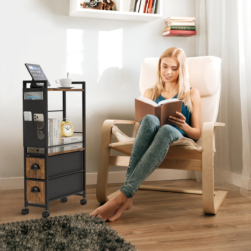 Rustic Narrow Side Table With 5 Storage Units Slim Nightstand With Drawers Shelves And Pocket For Bedside Or Sofa 7 D X 17 W X 35 H
